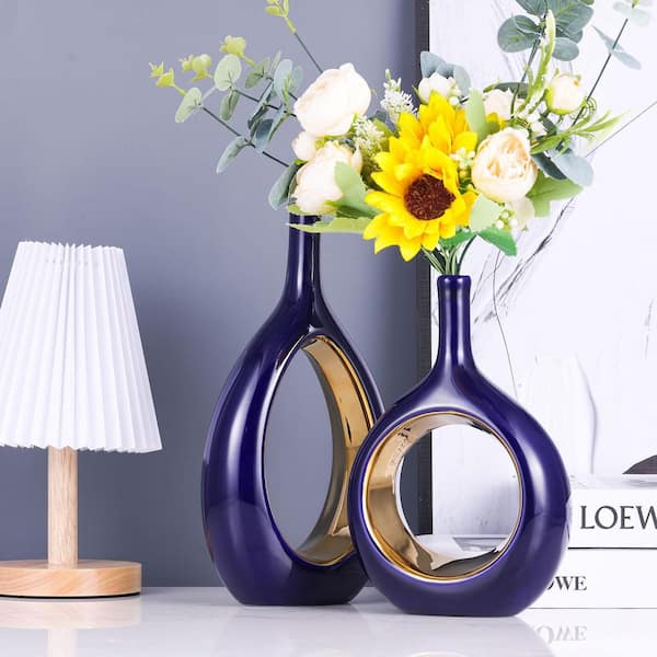 Blue Gold Ceramic Vase Set 2, Modern Hollow Circle with Hole Flower ...