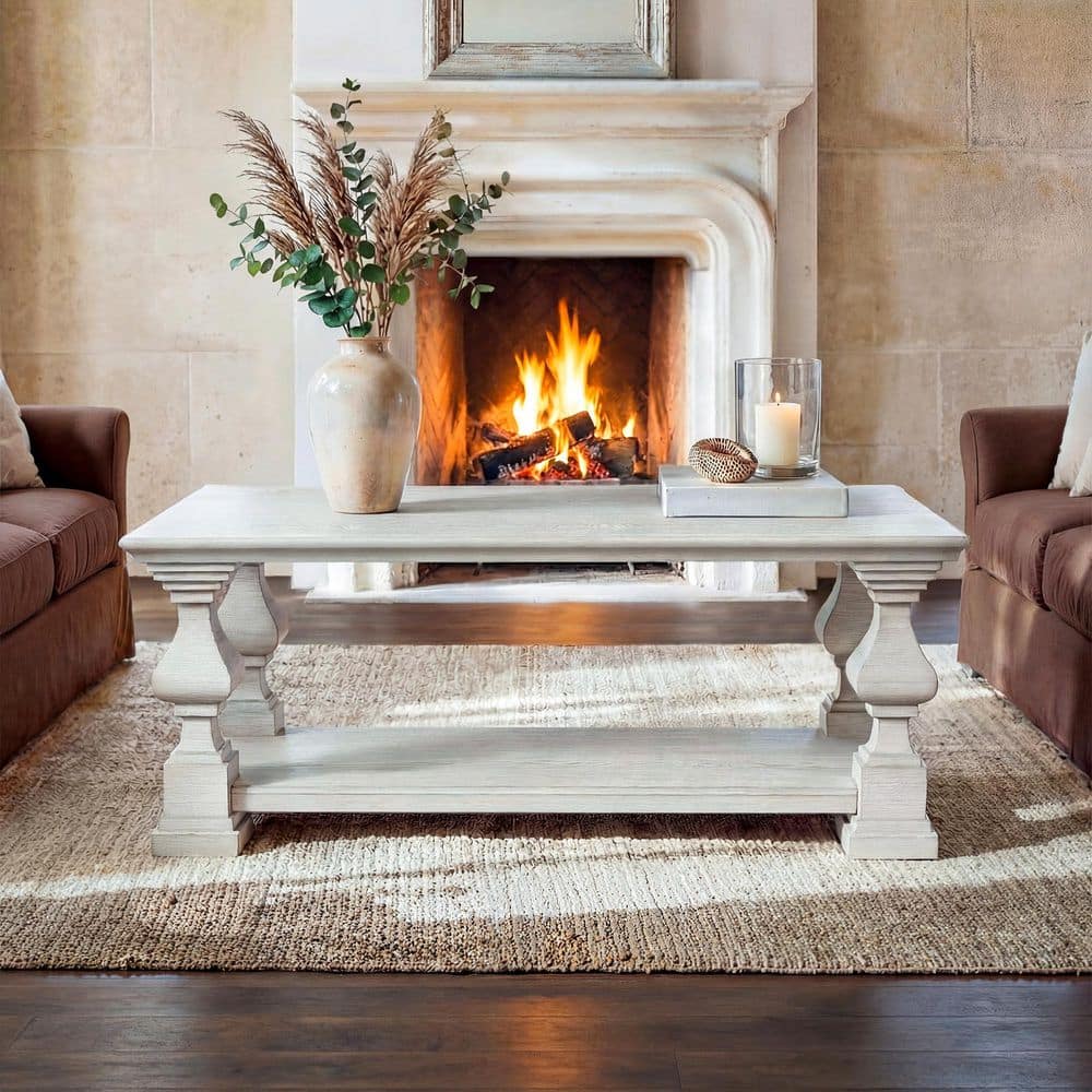 Homsee 46.2 in. White Oak Rectangle Pine Solid Wood Coffee Table with ...