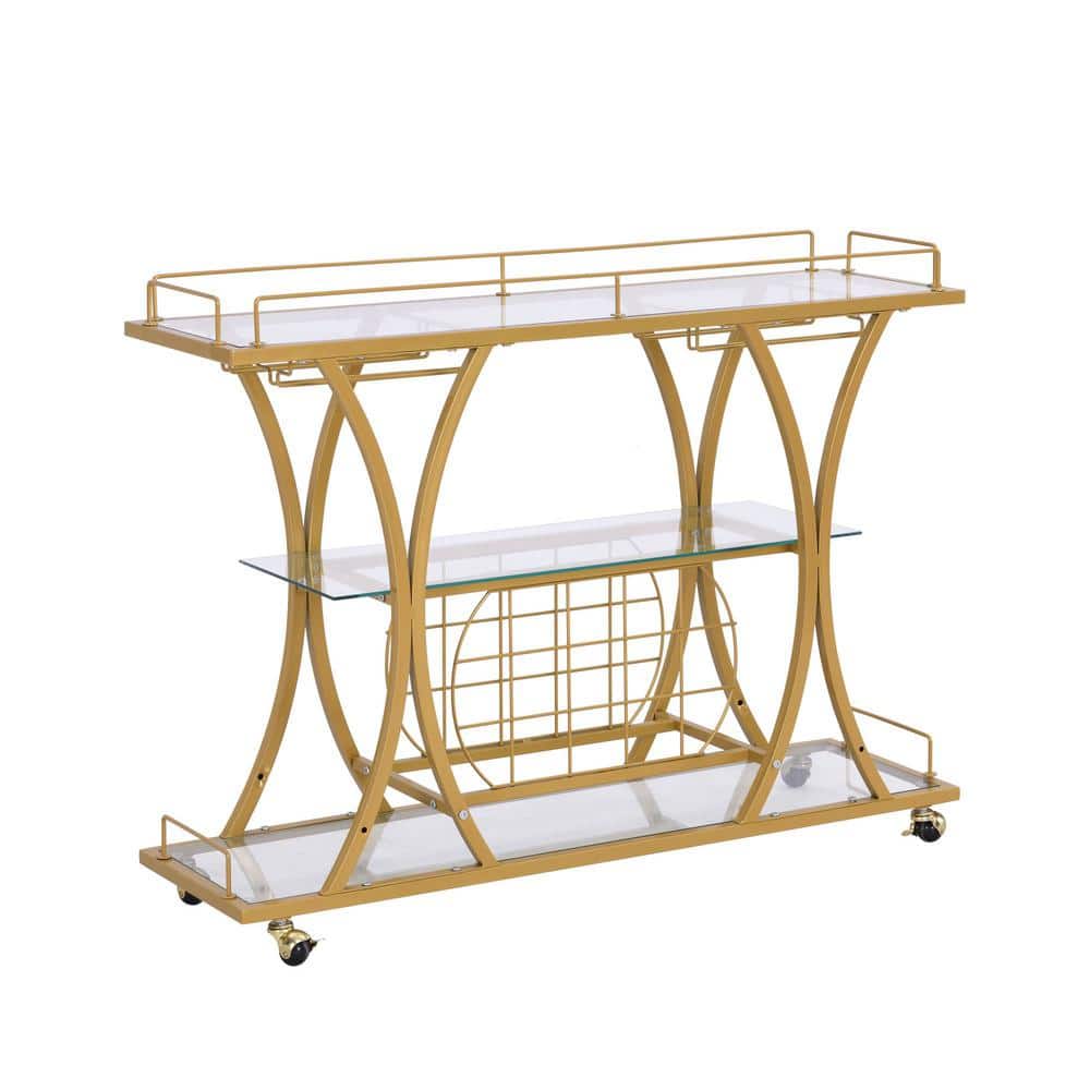 Angel Sar Golden Bar Serving Cart with Wine Rack, 3-Tier Tempered Glass ...