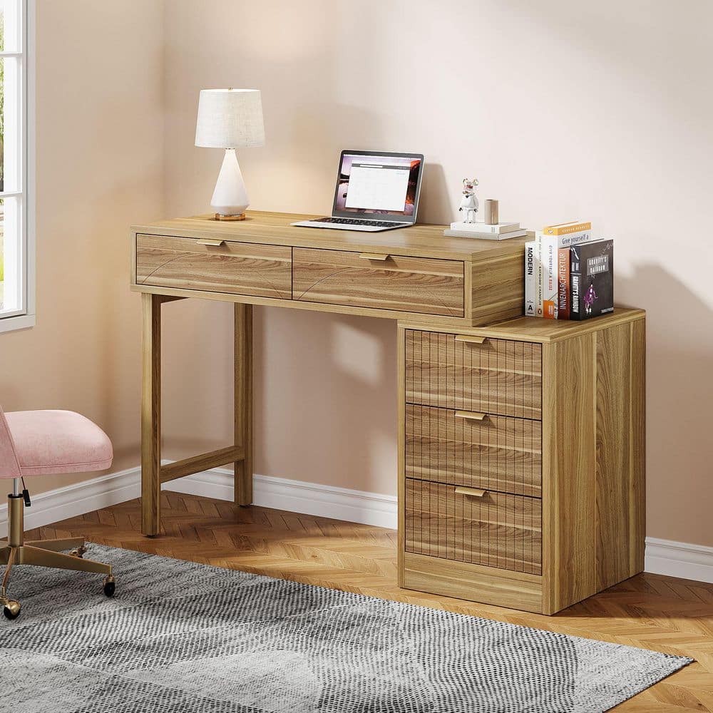 BYBLIGHT 46.46 in. Rectangular Cherry Brown Wood 5-Drawer Computer Desk ...