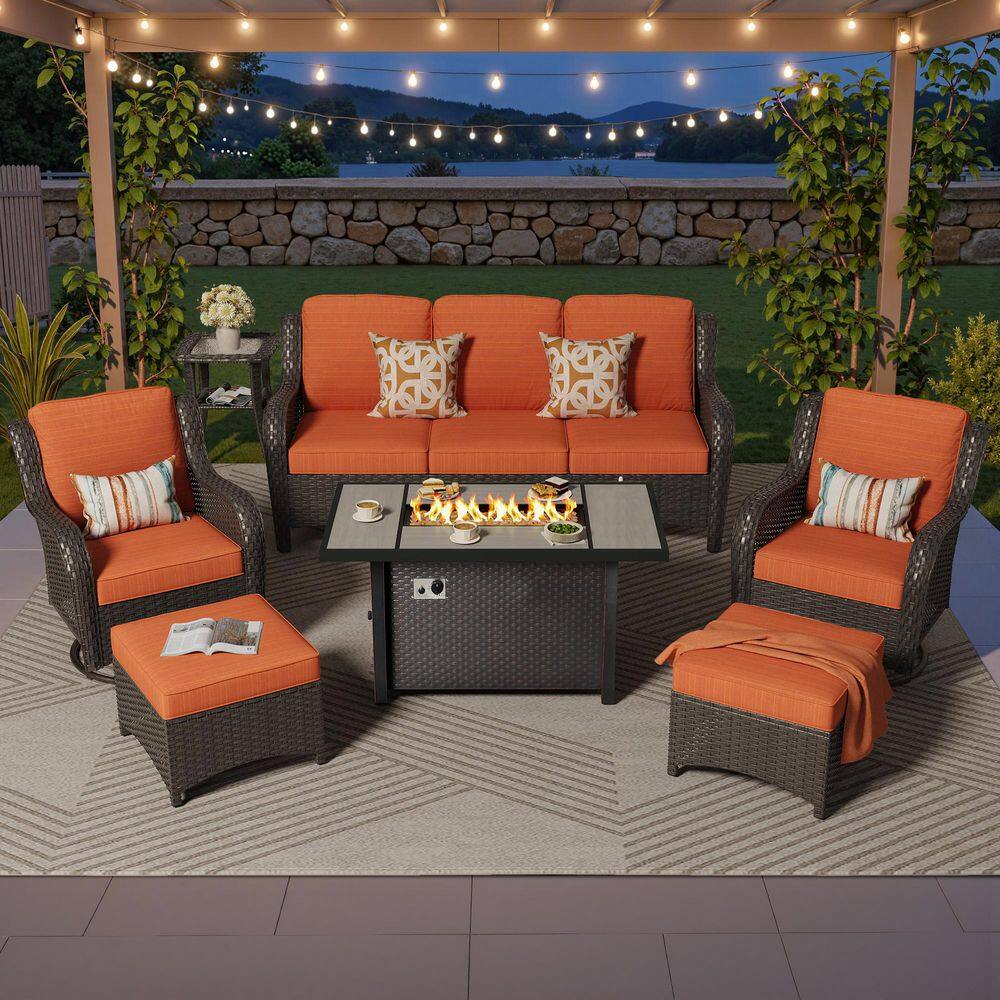 XIZZI Bali 7 Pieces Wicker Outdoor Patio 42 in. Rectangular Fire Pit ...