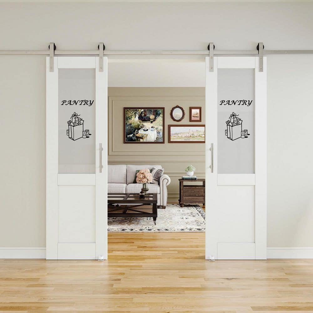 ARK DESIGN 48 in. x 80 in. 1/2-Lite Frosted Glass White MDF Sliding ...