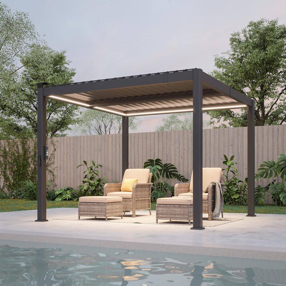 Sonkuki Sereno Series 10 ft. x 10 ft. All-Aluminum Pergola with Solar ...