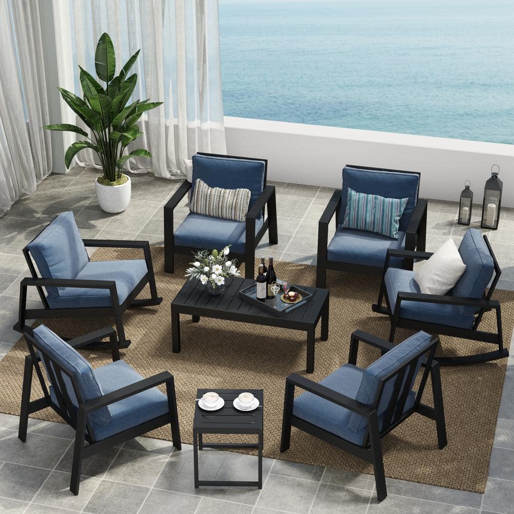SUNVIVI 8-Piece Aluminum Patio Conversation Set with Blue Cushions ...