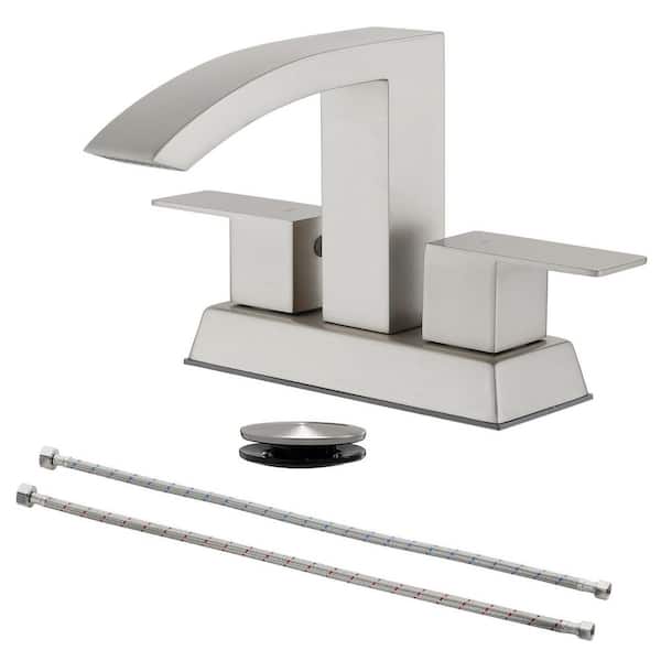 WELLFOR 4 in. Centerset Double Handle Bathroom Sink Faucet with Pop-up Drain in Brushed Nickel ...