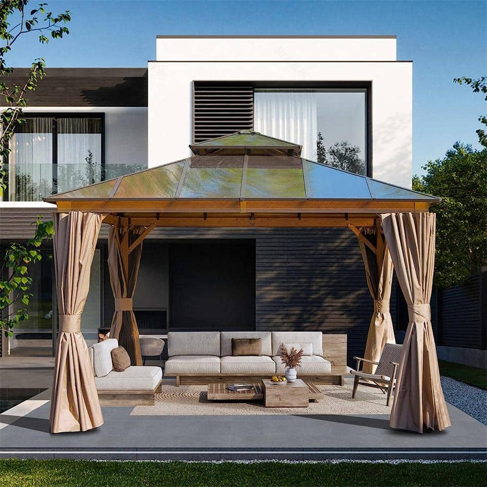 Mondawe 12 ft. x 12 ft. Outdoor Wood Grain Aluminum Frame Polycarbonate ...