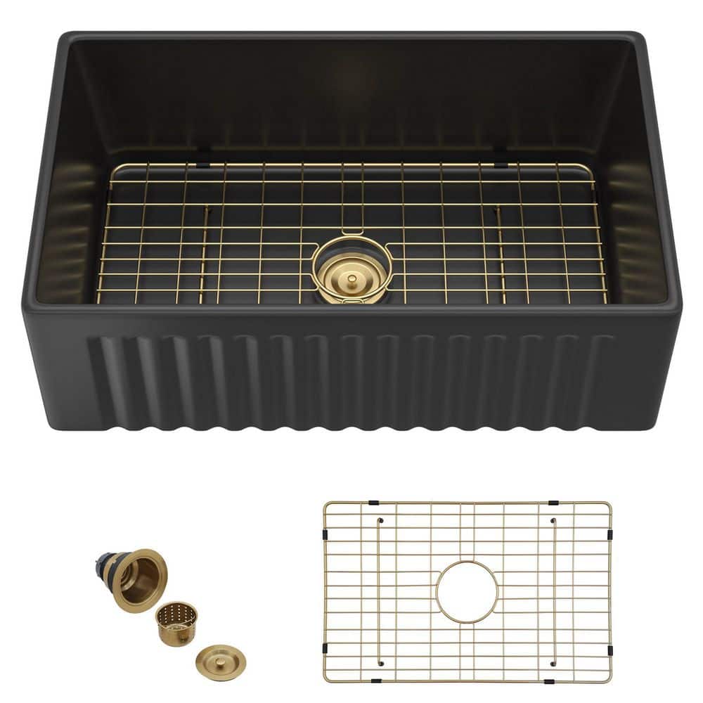 Fulorni 30 in. Black Fireclay Farmhouse Kitchen Sink, Reversible Apron ...