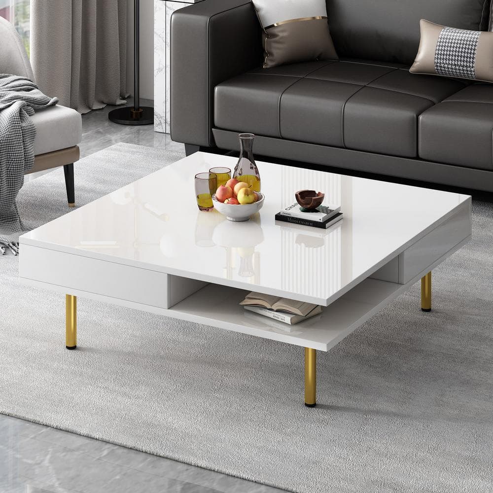 Zeus & Ruta Exquisite High Gloss 2-Tier White Square Coffee Table with ...