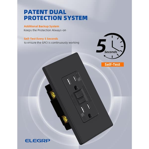 ELEGRP 15 AMP 125V Duplex Tamper Resistant Weather Resistant Self Test GFCI Outlet w Screwles Wall Plate UL Listed BLK 6 Pack EG19S15TW 0206 The Home Depot