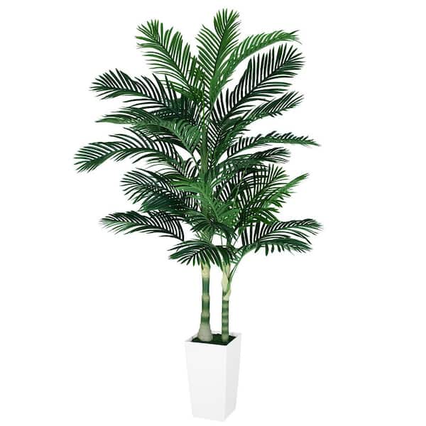 hykolity 7 ft. Artificial Golden Cane Palm Tree Indoor White Pot Faux ...