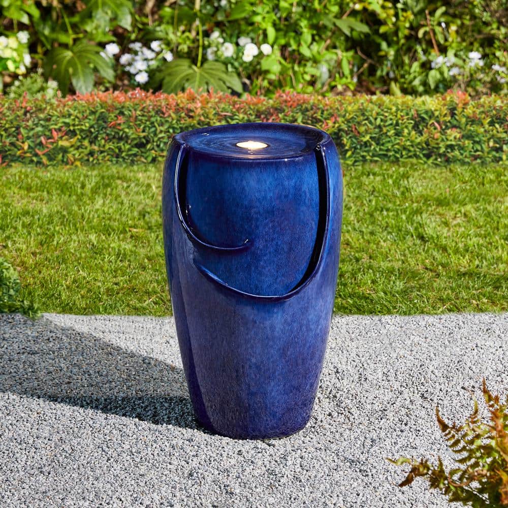 Glitzhome 20.5 in. H Cobalt Blue Ceramic Outdoor Fountain with Pump and ...