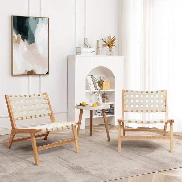 LuxenHome Natural Rubberwood with White Leather Low Profile Armless Accent Chair Set of 2 WHIF2109 The Home Depot