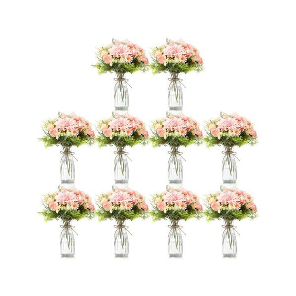 11 in. Pink Indoor Artificial Rose Flower in Plastic Vase Set of 10 ...