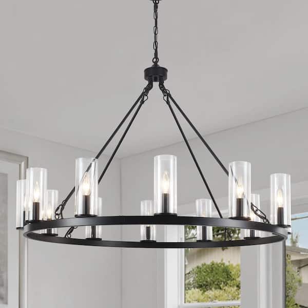 HLJYNJM 12-Light Black Industrial Round Wagon Wheel Dimmable Chandelier ...