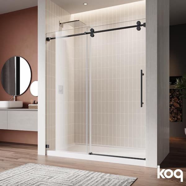 KOQ 48 in. W x 76 in. H Single Sliding Frameless Shower Door in Matte Black with 3/8 in. Clear ...
