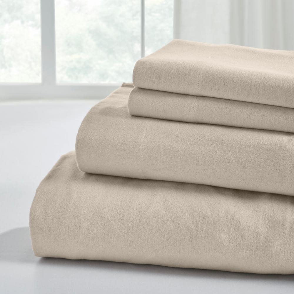 MODERN THREADS 4-Piece Tan Cotton Flannel Adult Bed Sheet Set, Queen ...