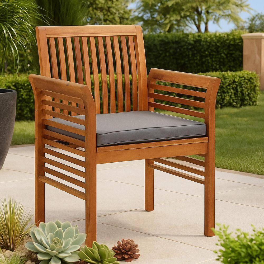 Benjara Slatted Brown Acacia Wood Outdoor Dining Chair with Gray ...