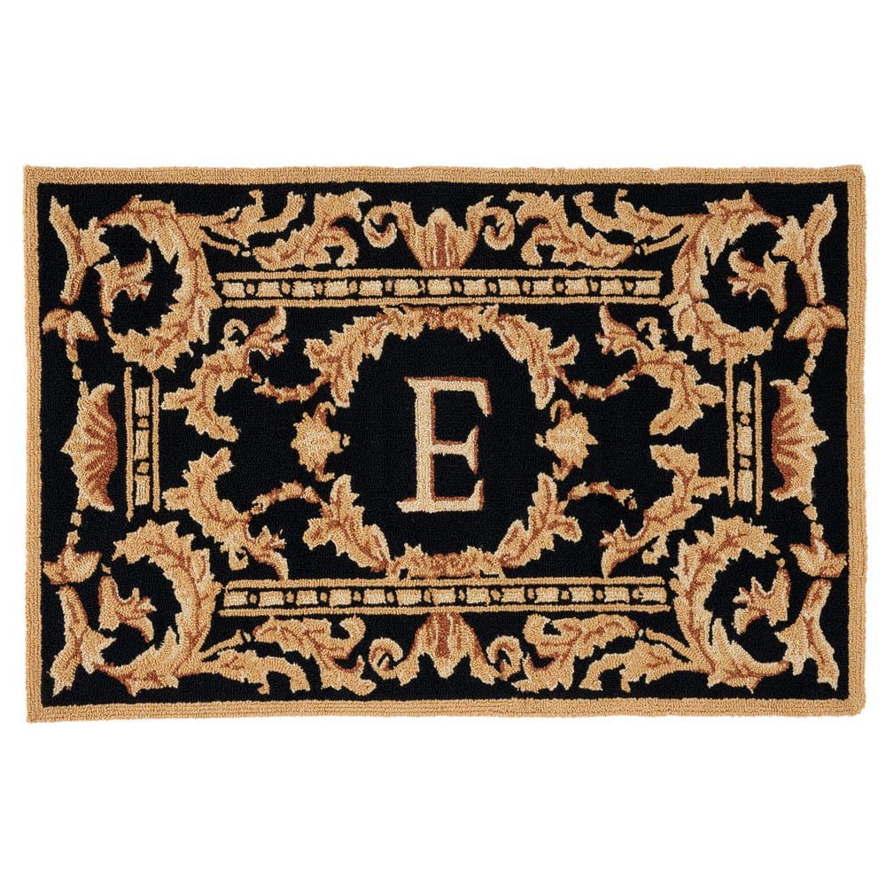 SAFAVIEH Monogram Black 3 ft. x 4 ft. "E" Ornate Leaf Indoor/Outdoor ...