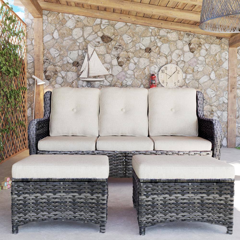 JOYSIDE Wicker Outdoor Patio Sofa Sectional Set with Beige Cushions and ...