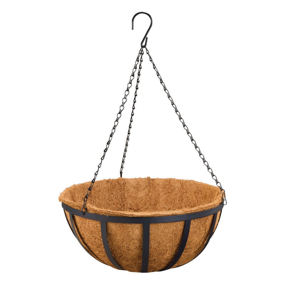 Vigoro English Large Black Metal Hanging Round Planter with Coco Liner ...