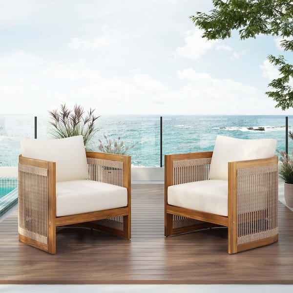 Brown Premium Acacia Wood Outdoor Lounge Chair with Woven Rope Accents and Beige Cushions (2 ...
