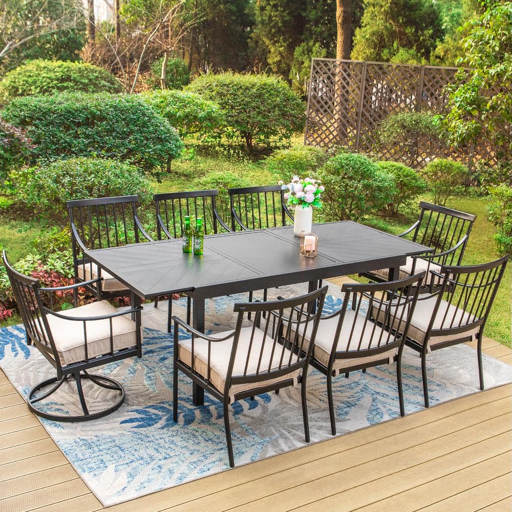 PHI VILLA Black 9-Piece Metal Patio Outdoor Dining Set with Extensible ...