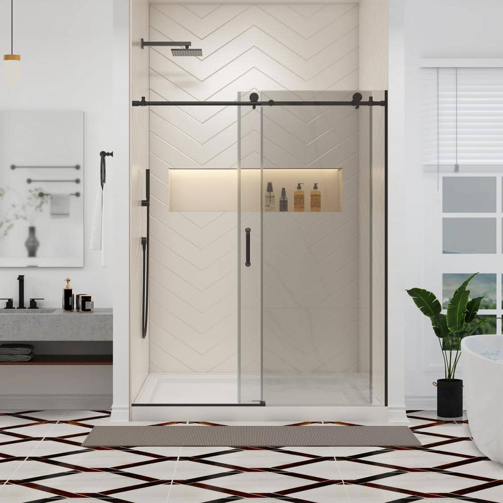 ANGELES HOME 56-60 in. W x 74 in. H Sliding Frameless Shower Door in Matted Black Finish with 5/ ...