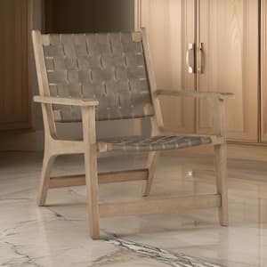 Litton Lane Jones Brown Upholstered Leather Teak Wood Accent Chair with ...