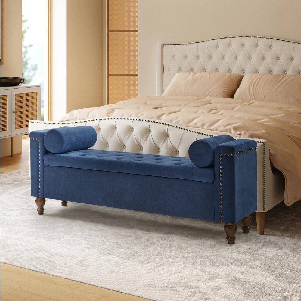 JAYDEN CREATION Rita Navy Storage Bench Backless with Circular Pillows ...