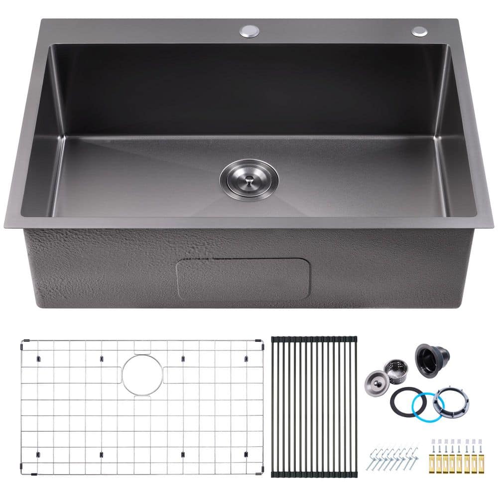 WISBEAM 32 in. Drop-In/Undermount Single Bowl 16 Gauge Gunmetal Black ...
