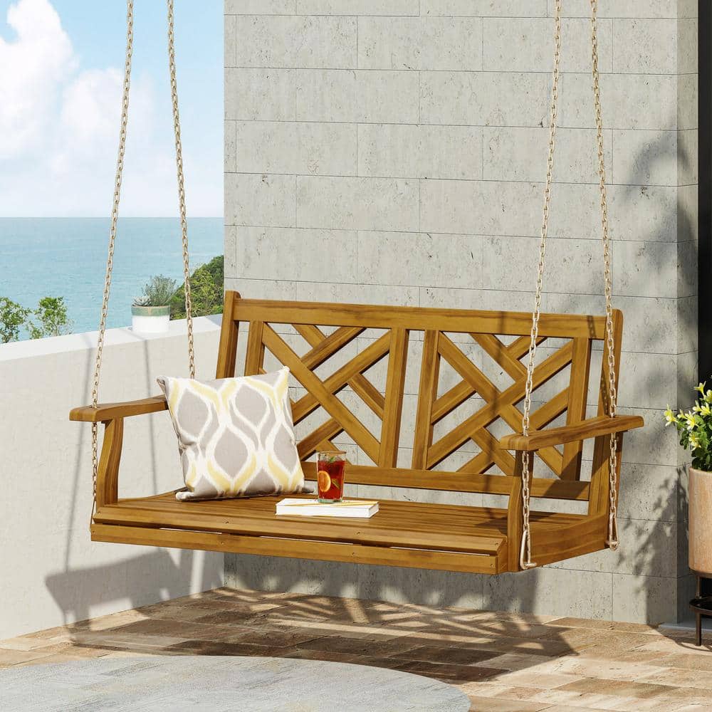 Reviews for Outdoor 2-Person Brown Acacia Wood Porch Swing with Chains ...