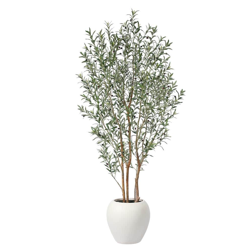 DR.Planzen 8 ft. Artificial Olive Tree with White Tall Planter, Faux Olive Tree with Natural ...