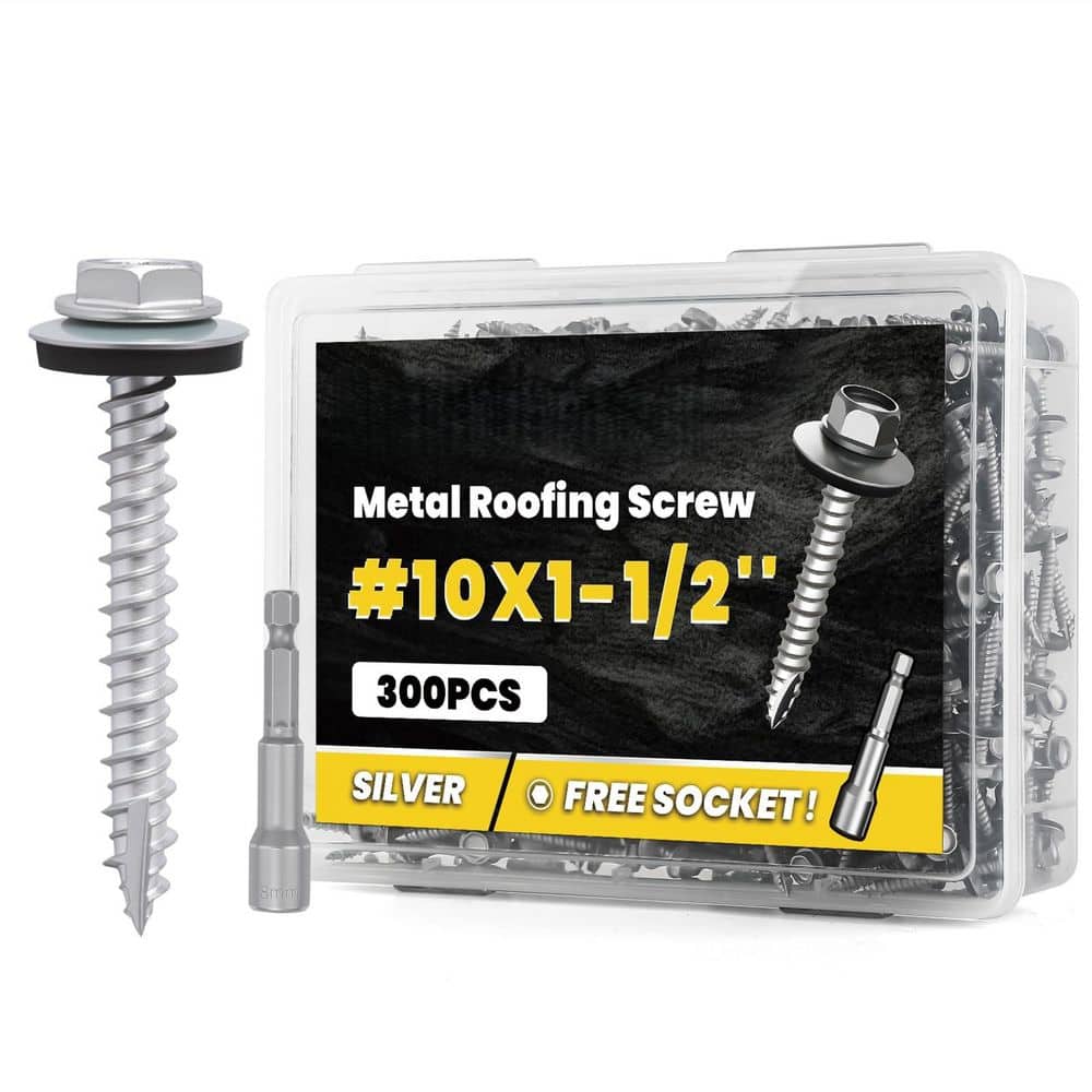 xinyoec 300-Pack Silver #10 x 1-1/2 in. Metal Roofing Screws with Hex ...