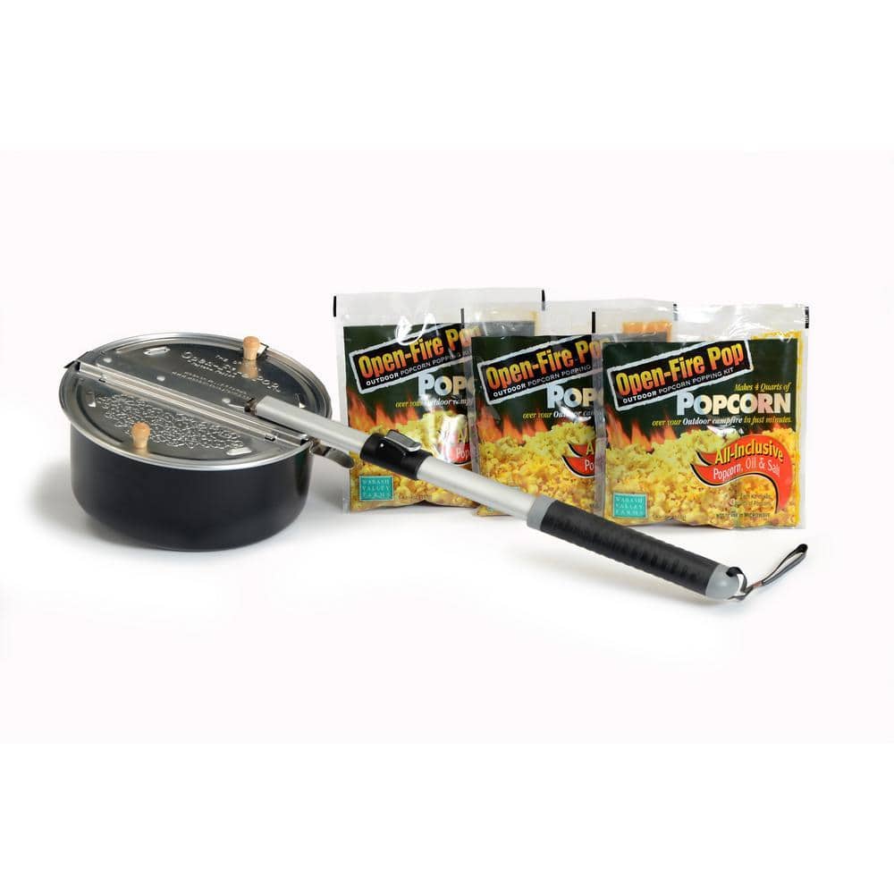 Open-Fire Pop 4-Piece Aluminum Black Outdoor Popcorn Popper with 3 All ...