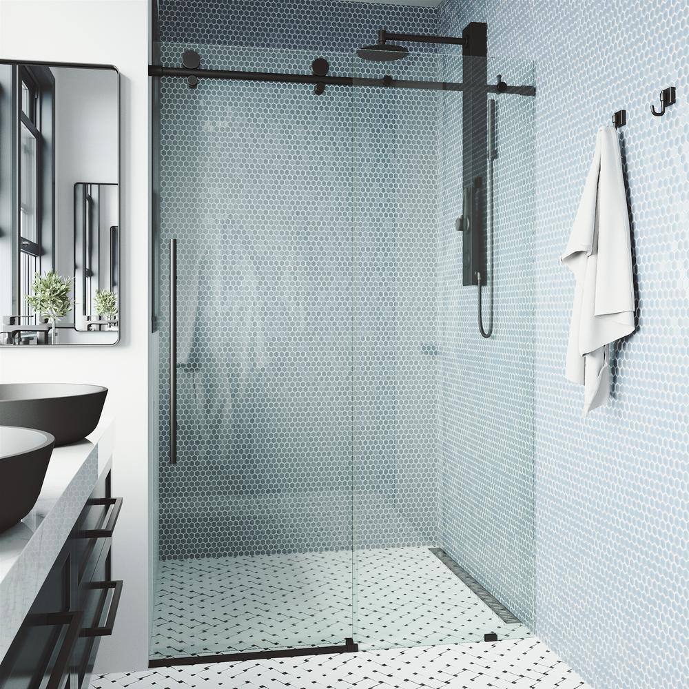 VIGO Elan E-Class 48 to 52 in. W x 76 in. H Sliding Frameless Shower Door in Matte Black with 3/ ...