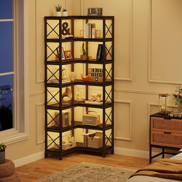 Eulas 78 in. Tall Black Engineered Wood 7 Shelf Corner Bookcase Large Modern Corner Bookshelf Storage Display Rack