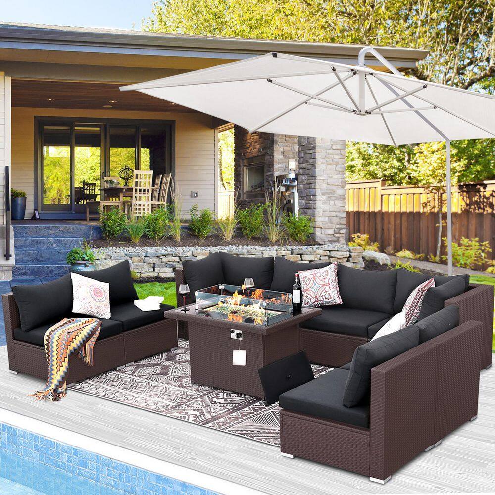 9 Pieces Brown Wicker Outdoor Sectionals Patio Furniture Set ...