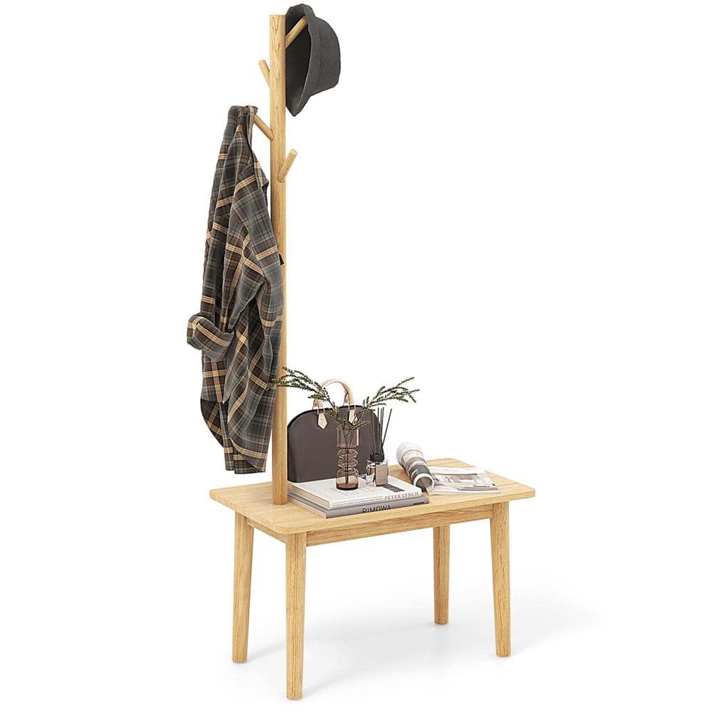 Costway Natural Coat Rack with 2-in-1 Side Table 3-Hooks for Hats Bags ...