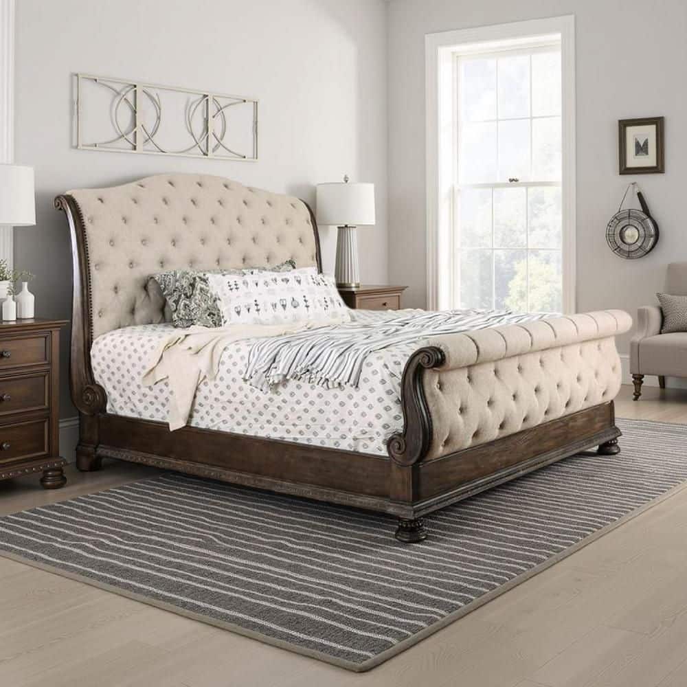 Benjara Eastern Brown and Beige King Wood Frame Sleigh Bed with ...