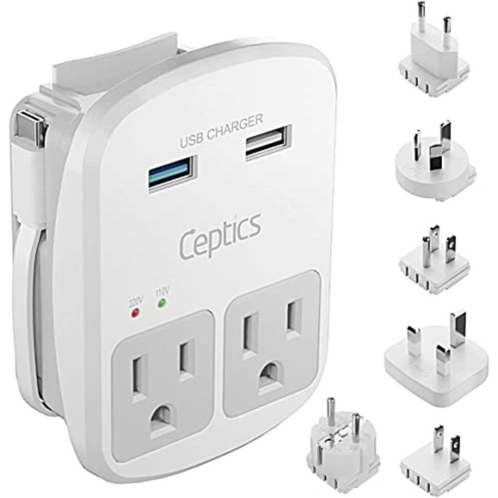 Etokfoks White 2-Outlet Surge Protection Universal Travel Adapter Kit ...