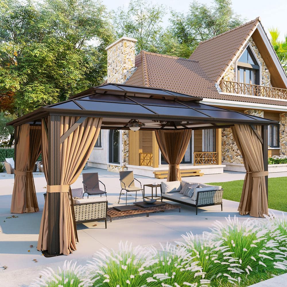 Sizzim 16 ft. x 12 ft. Outdoor Brown Polycarbonate Double Roof Gazebo ...