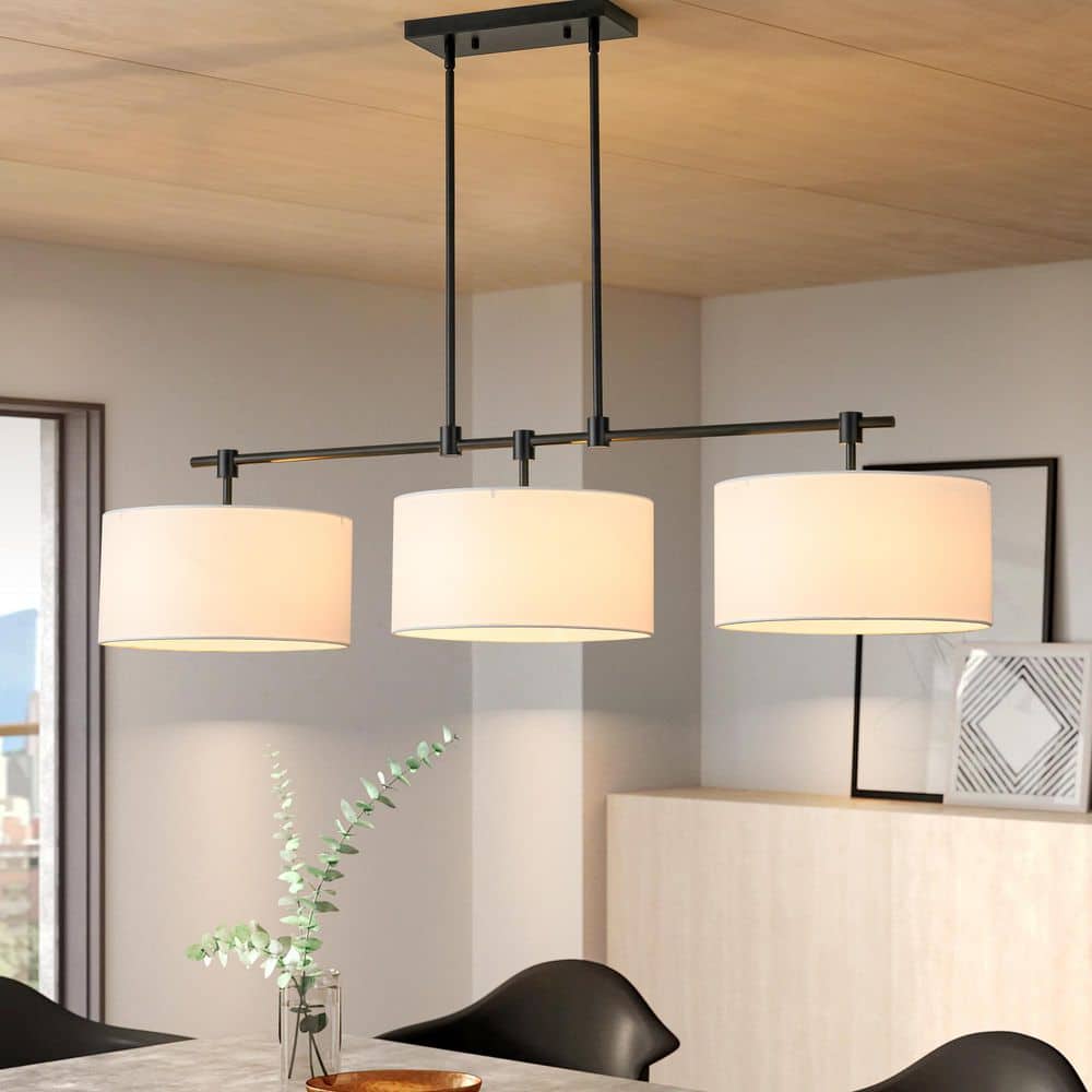 RRTYO Charvic 3-Light Modern Farmhouse Black Linear Drum Fabric Pendant ...