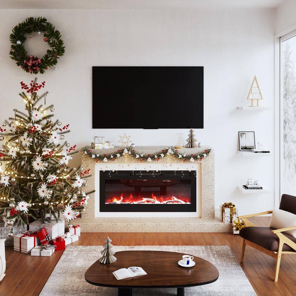 Clihome 42 in. 1500W Wall Mounted Installation Electric Fireplace in Black with Multicolor Flame ...