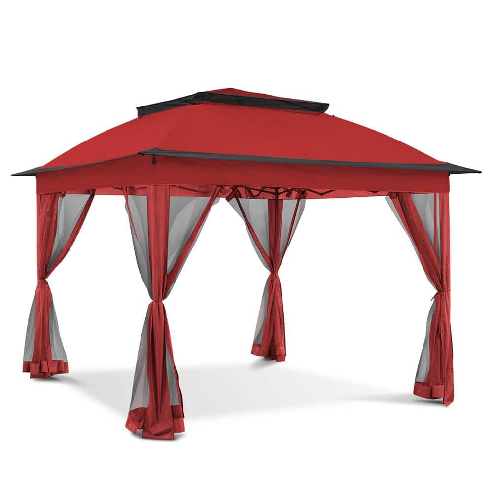 JOYSIDE 11 ft. x 11 ft. Red Steel Pop-up Gazebo with Mosquito Netting ...