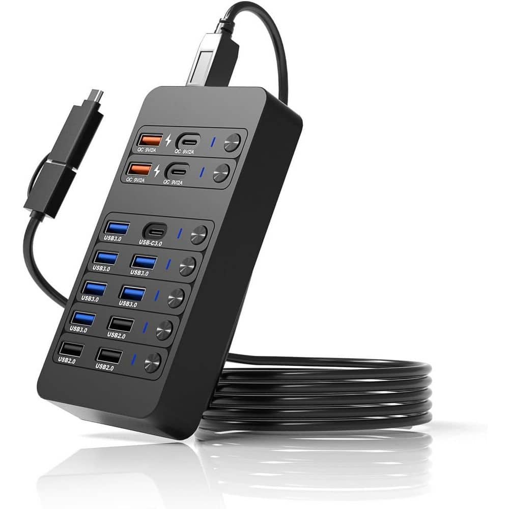 OBJLGEV Powered USB Hub 14 Ports USB Data Hub Splitter with 6 USB 3.0 Port 4 Charging Port LED ...