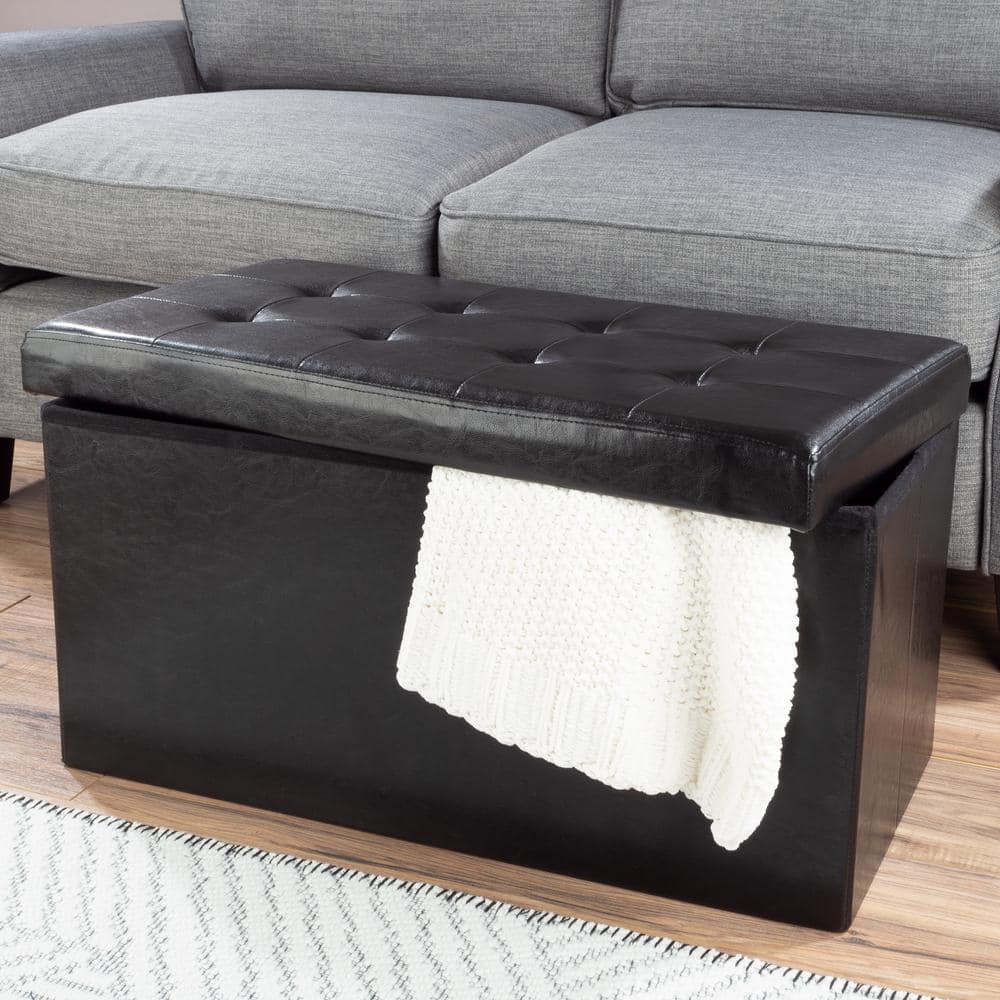 Lavish Home 30 in. Folding Storage Ottoman, Black Faux Leather Footrest ...