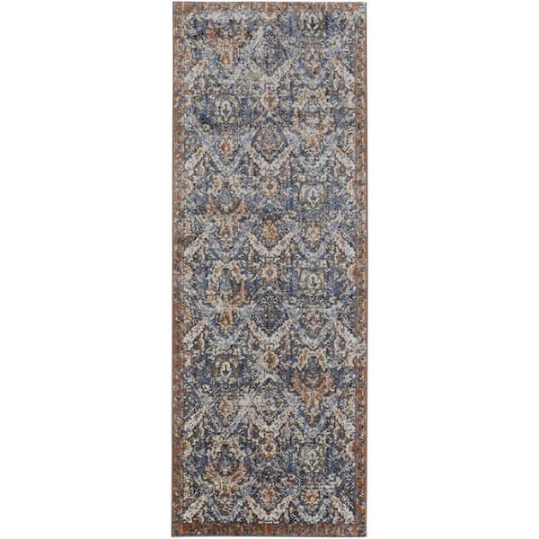 HomeRoots 2 ft. x 12 ft. Ivory, Blue, Brown Floral Runner Rug ...