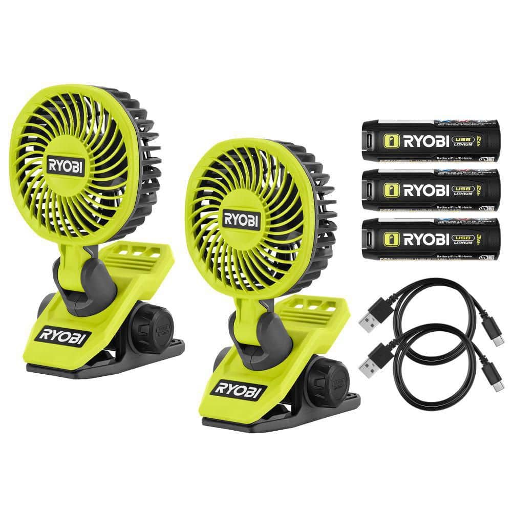 RYOBI USB Lithium Clamp Fan Kit (2-Pack) w/ (2) 2.0 Ah USB Lithium ...