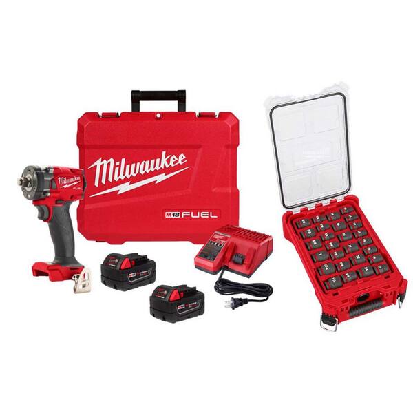 Milwaukee M18 FUEL 18V Lithium Ion Brushless Cordless 1 2 in. Compact Impact Wrench with Friction Ring Kit and Impact Socket Set 2855 22R 49 66 6804 The Home Depot