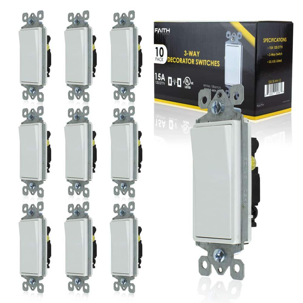 Faith Decorator 15 Amp 3-Way Paddle/Rocker Wall Light Switch, White (10 ...